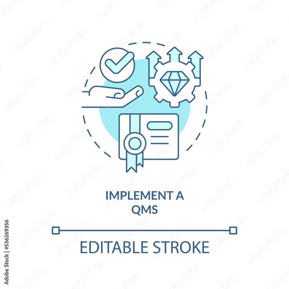 Implement QMS turquoise concept icon. Quality management system ...
