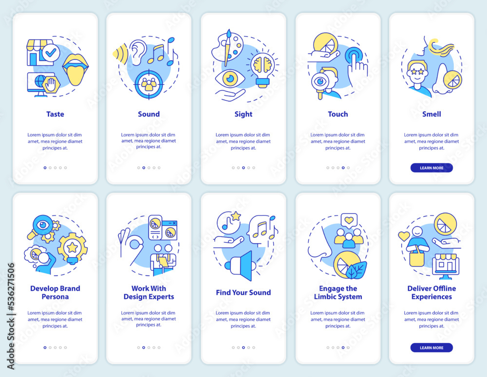 Sensory marketing onboarding mobile app screen set. Human senses ...