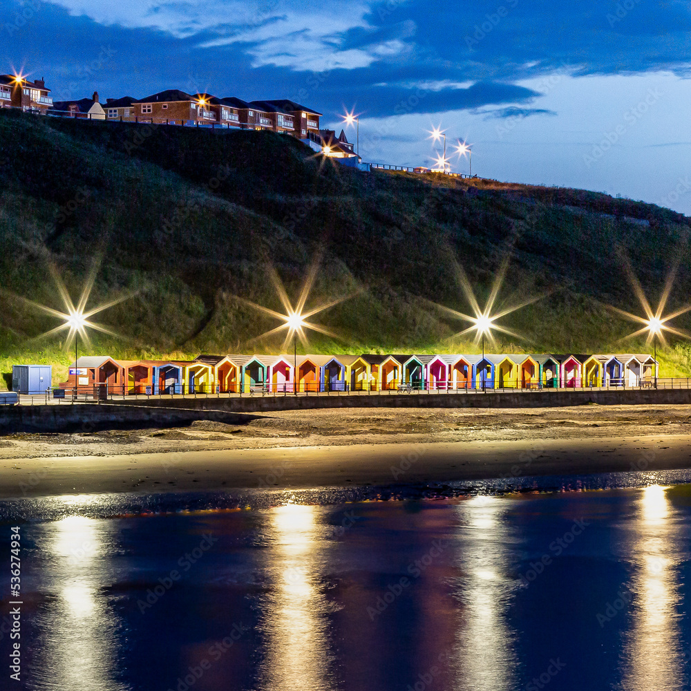 Saltburn beach huts by night Stock Photo | Adobe Stock
