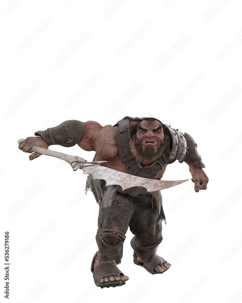 Fantasy giant in aggressive pose with large glieve weapon. 3D rendering ...