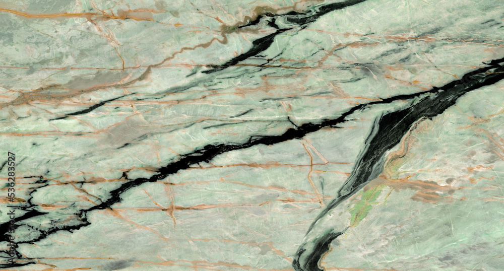Turquoise marble stone background with black-brown curly veins on ...