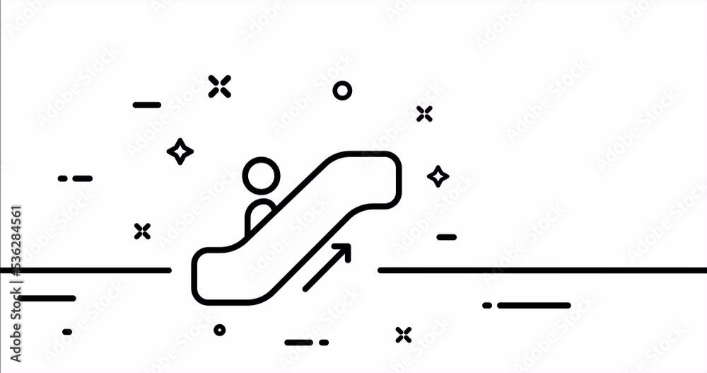 Escalator. Exit, entrance, door, run, go up, fall, wheelchair, disabled ...