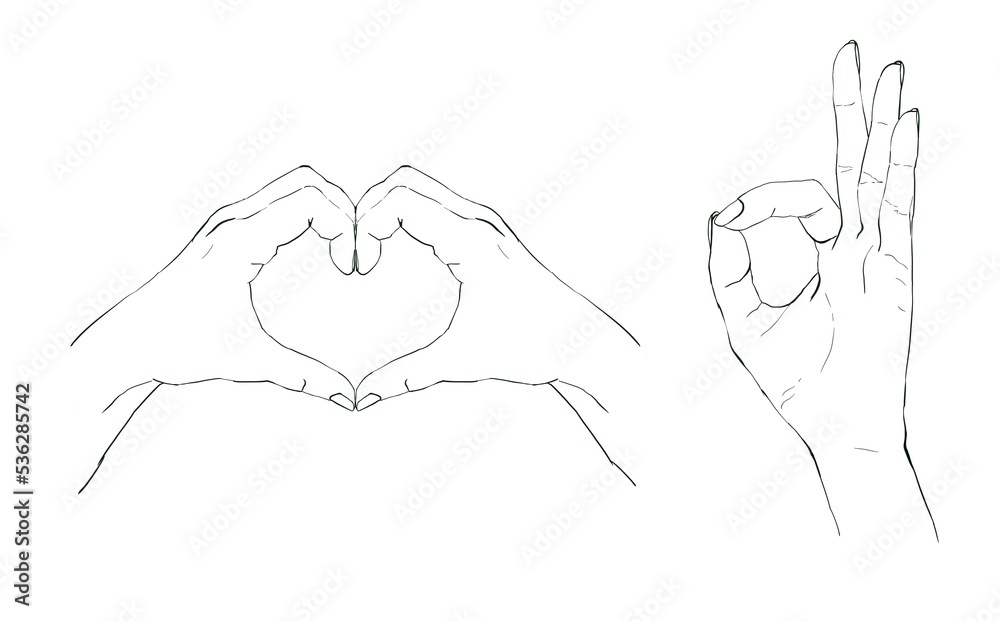 Hands in line art style, gestures. Hand drawing illustration, isolated ...