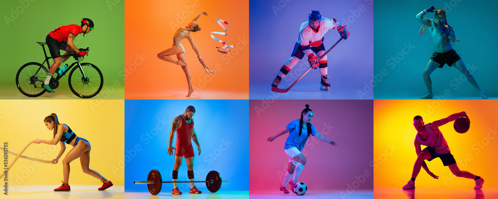Sport collage of professional athletes isolated on colorful background ...