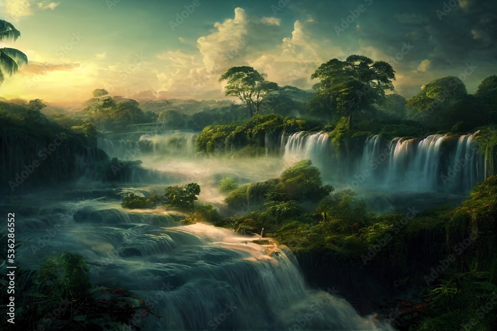 sunset rainforest panorama with waterfall, jungle river with tropical vegetation, exotic fantasy ...