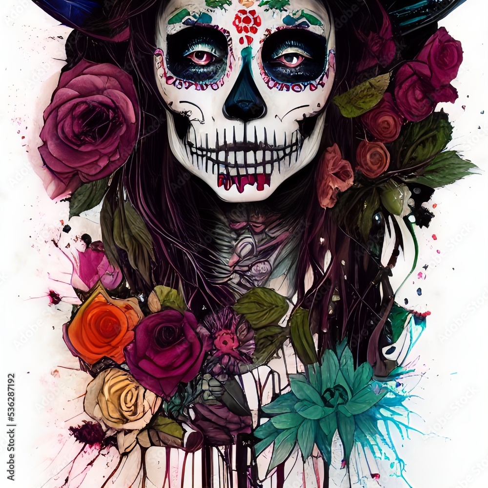A painting of La Calavera Catrina, A woman with a skull, the ...