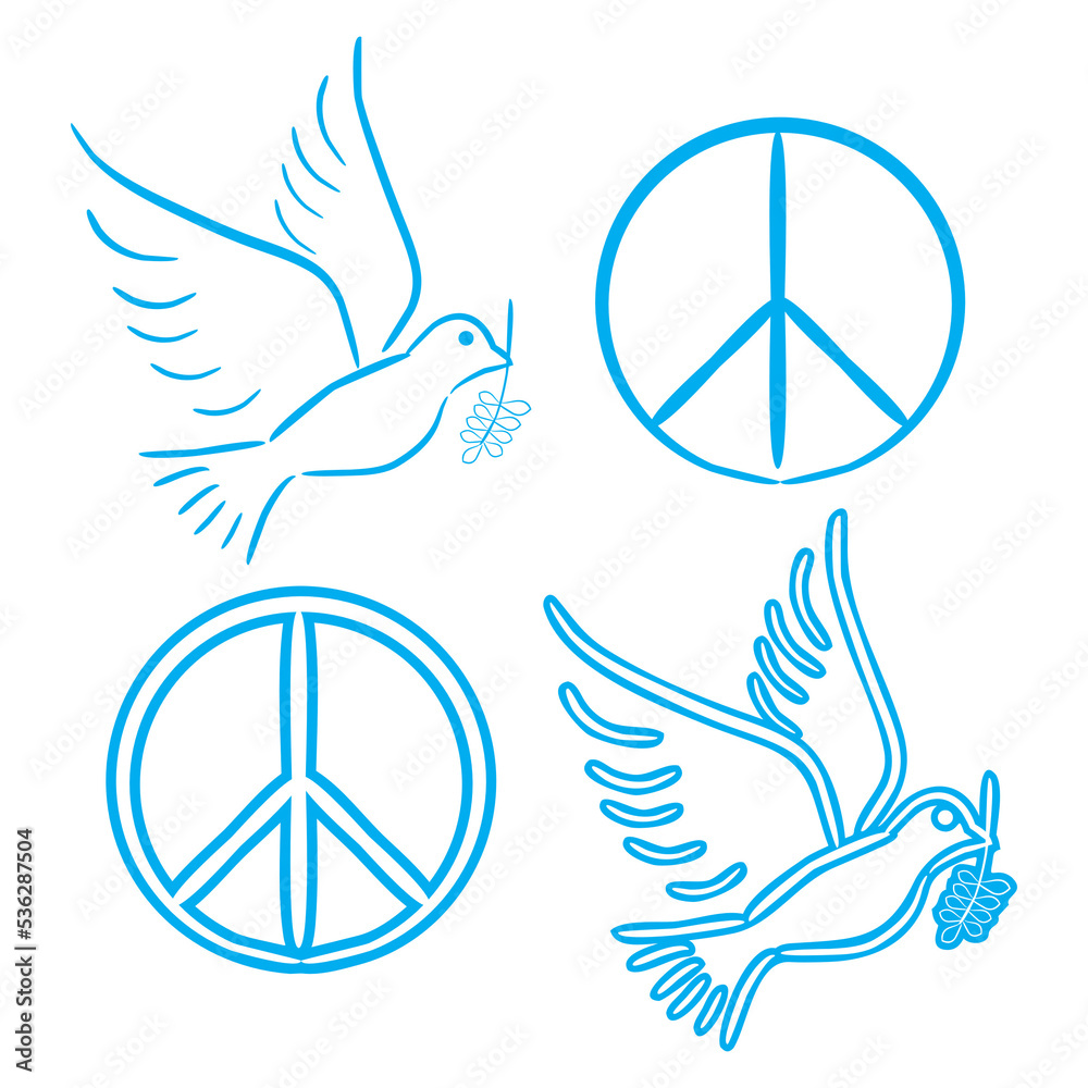 Symbol flying bird and Peace Sign. Line art dove flying pigeon and ...