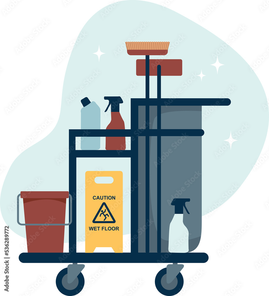 Cleaning cart. Professional trolley with janitorial utensils. PNG with ...