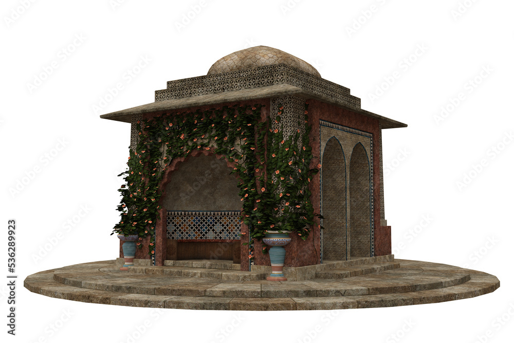 Old ivy covered garden folly building with a bench seat. Perspective ...