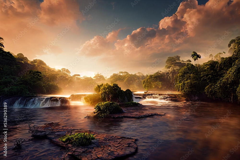 sunset rainforest panorama with waterfall, jungle river with tropical vegetation, exotic fantasy ...