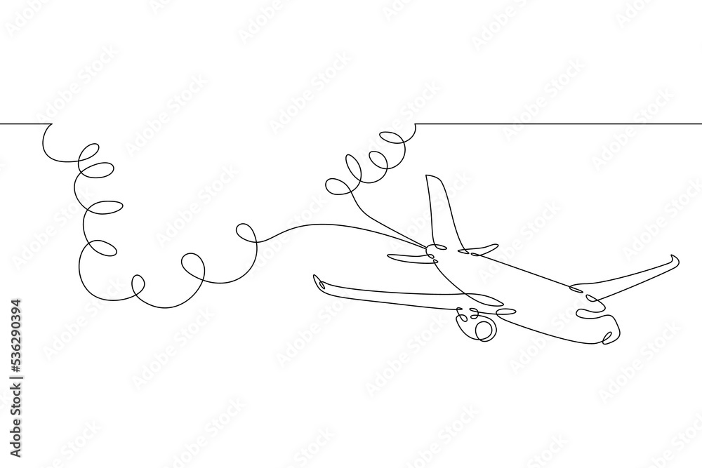 One continuous line. Flying plane. A trace from a flying plane. Civil ...