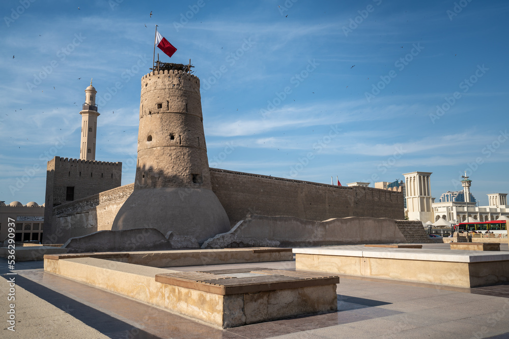Dubai Museum and Al Fahidi Fort (built in 1787) at evening with ...