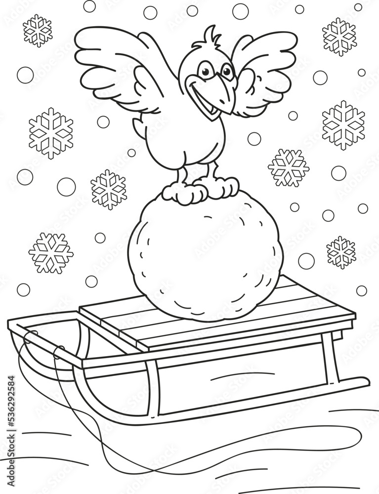 Coloring page outline of cartoon smiling cute bird with a big snowball ...