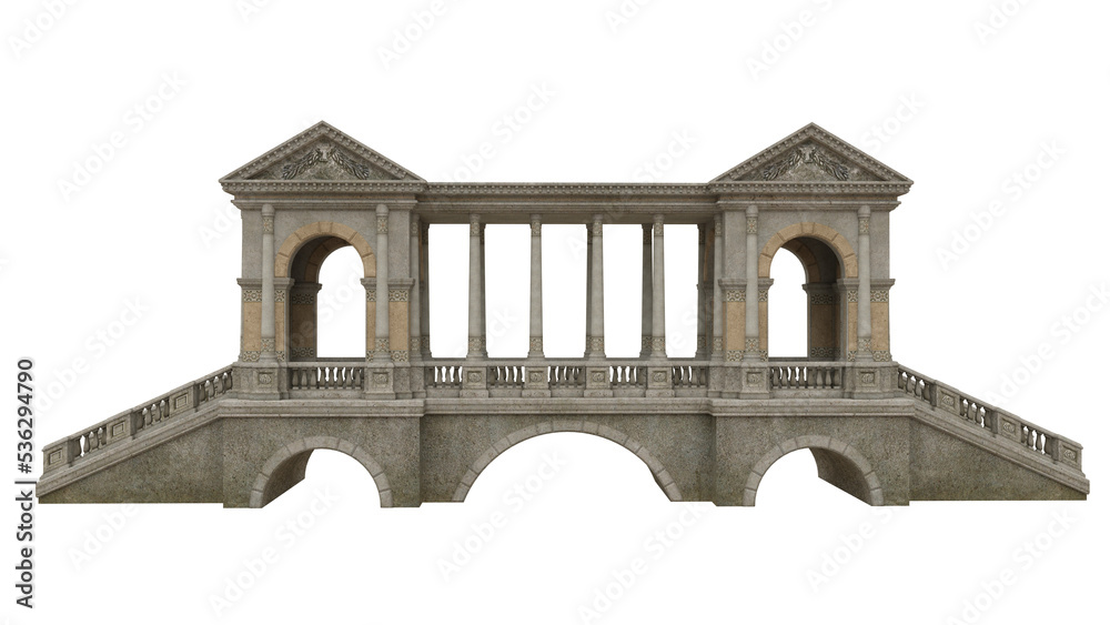 Light brown medieval covered stone bridge with classical columns and ...