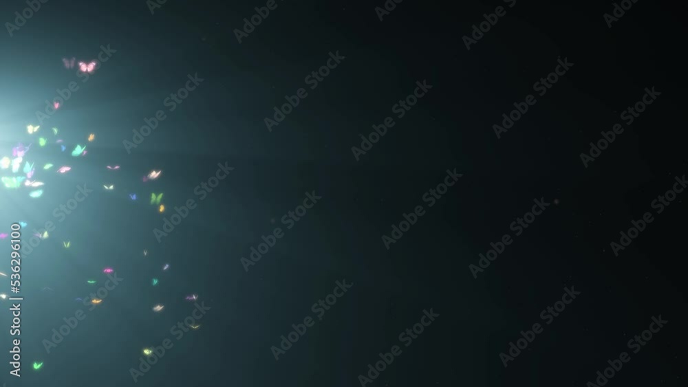 Colorful beautiful butterflies flying all around in front of volumetric ...