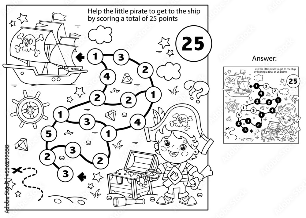 Math addition game. Puzzle for kids. Maze. Coloring Page Outline Of ...