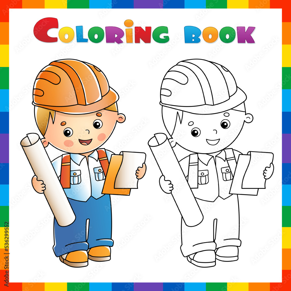 Coloring Page Outline of cartoon architect with plan of building ...