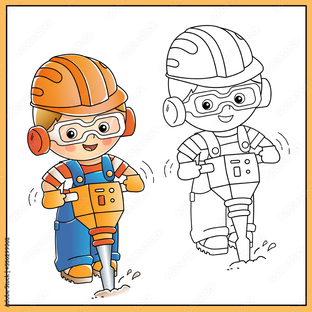 Coloring Page Outline of cartoon builder or worker with jackhammer ...