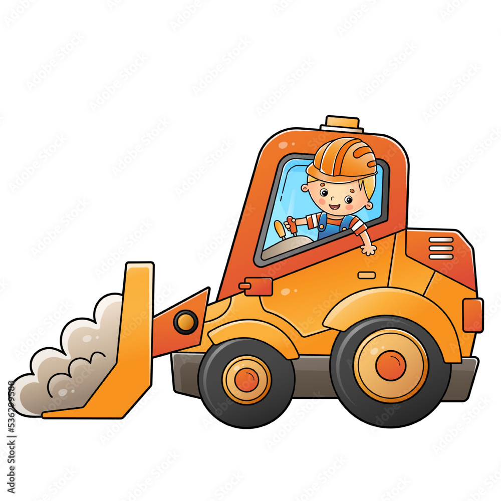 Cartoon bulldozer with worker. Construction vehicles. Colorful vector ...