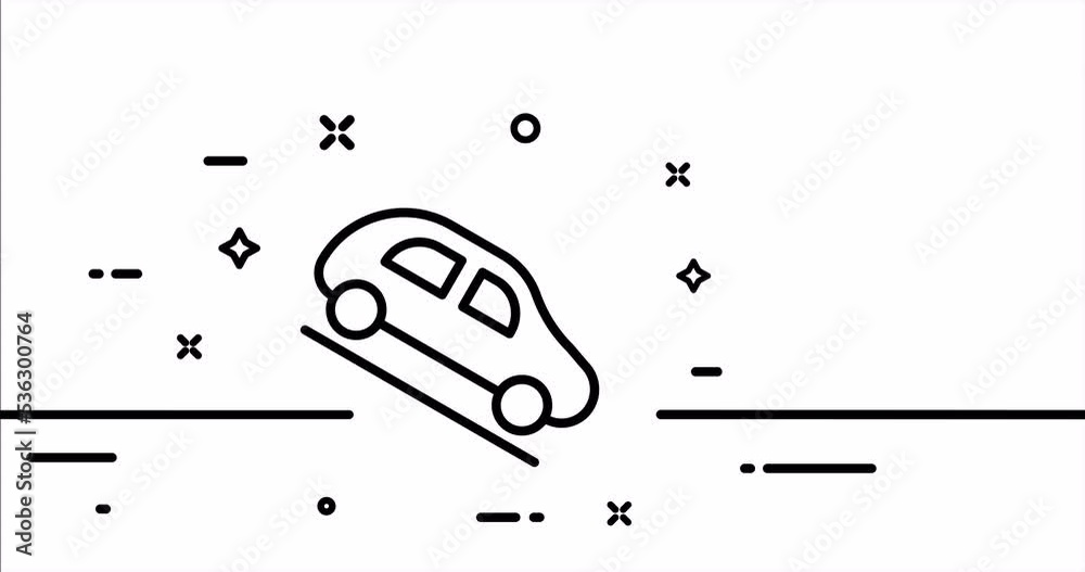 Road sign of steep descent. Fall off a cliff, overturned car, smoke ...