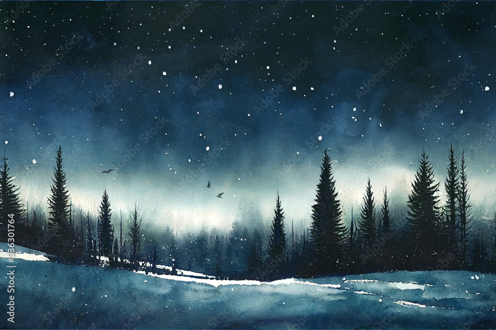 Watercolor painting of a forest in the night. Winter, snow, silhouettes ...