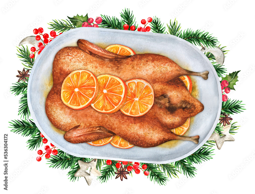 Traditional roasted Christmas Peking duck with oranges Stock ...