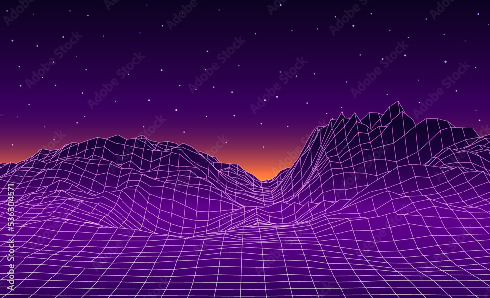 Retro fantastic background of the 80s. Vector mountain wireframe ...