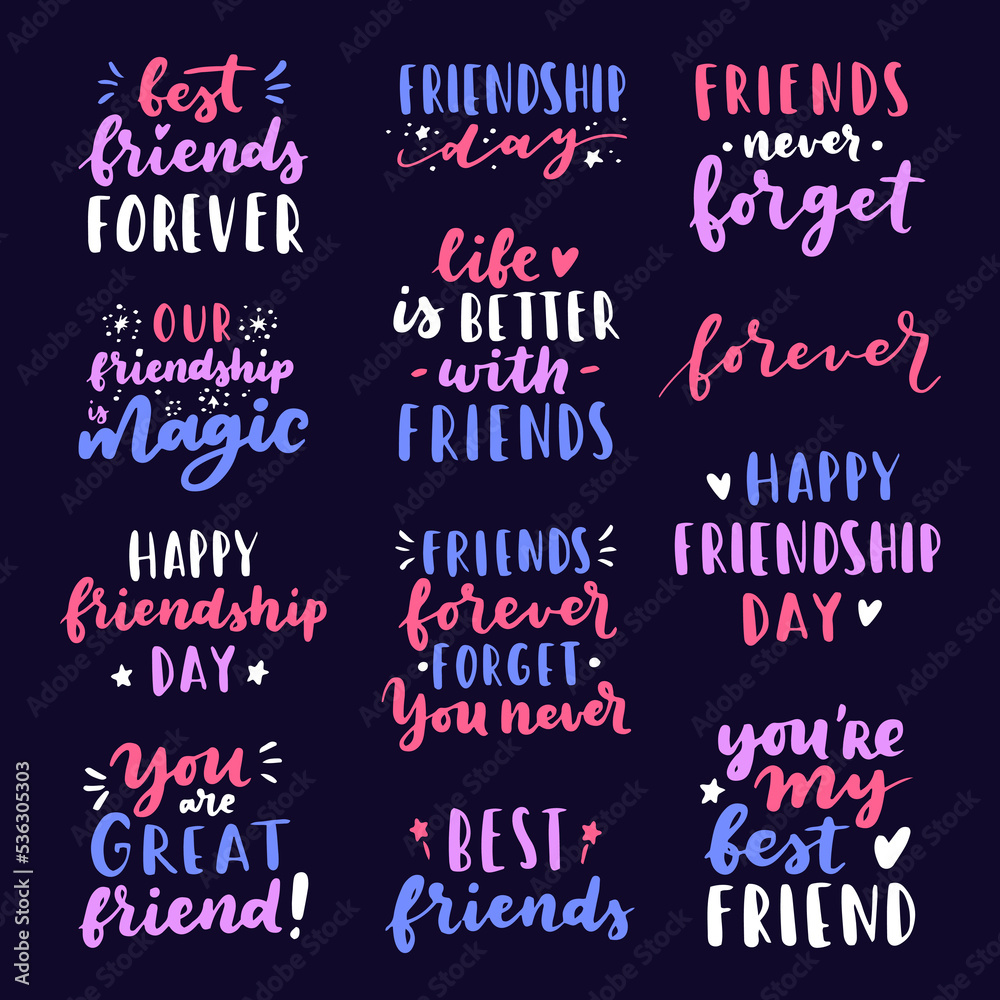 Happy Friendship Day cute hand lettering big set. Best friends forever ...