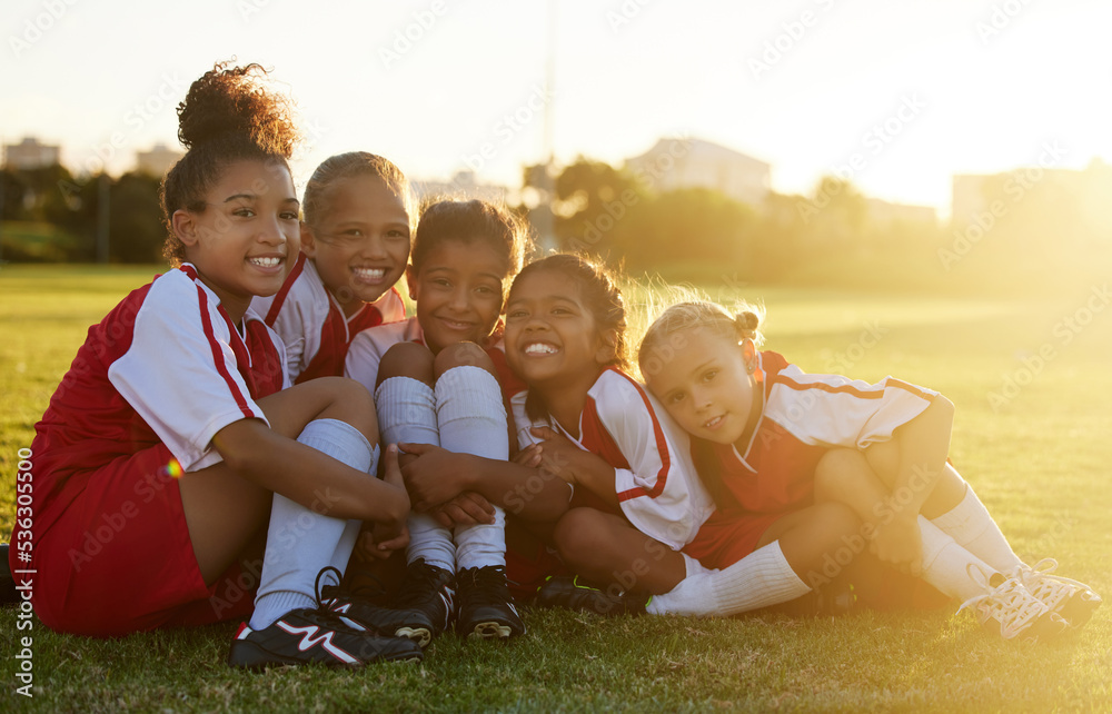Girl kids, soccer field and team portrait together for competition ...