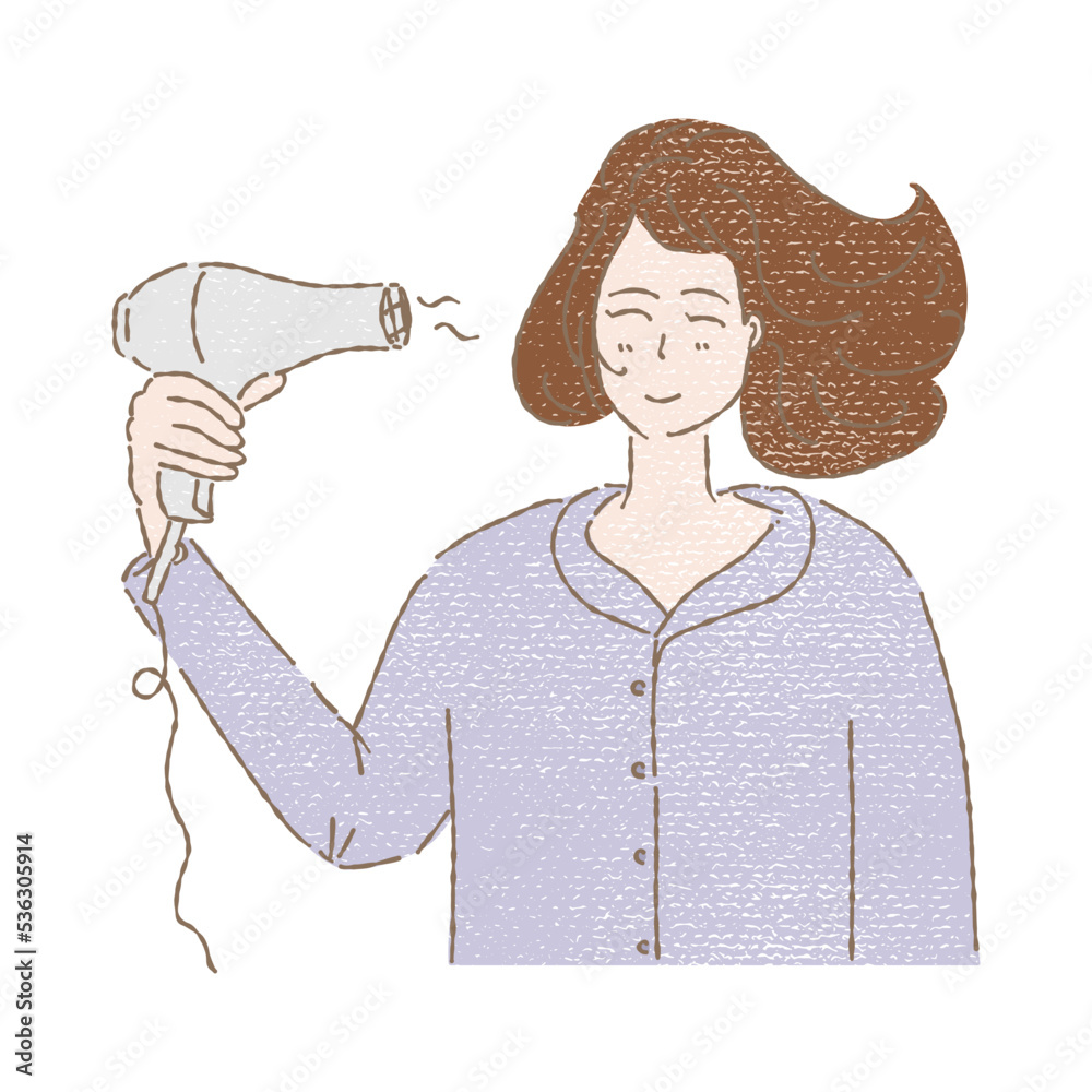Young woman blowing dry her hair by hair dryer. Daily routine. Hand ...