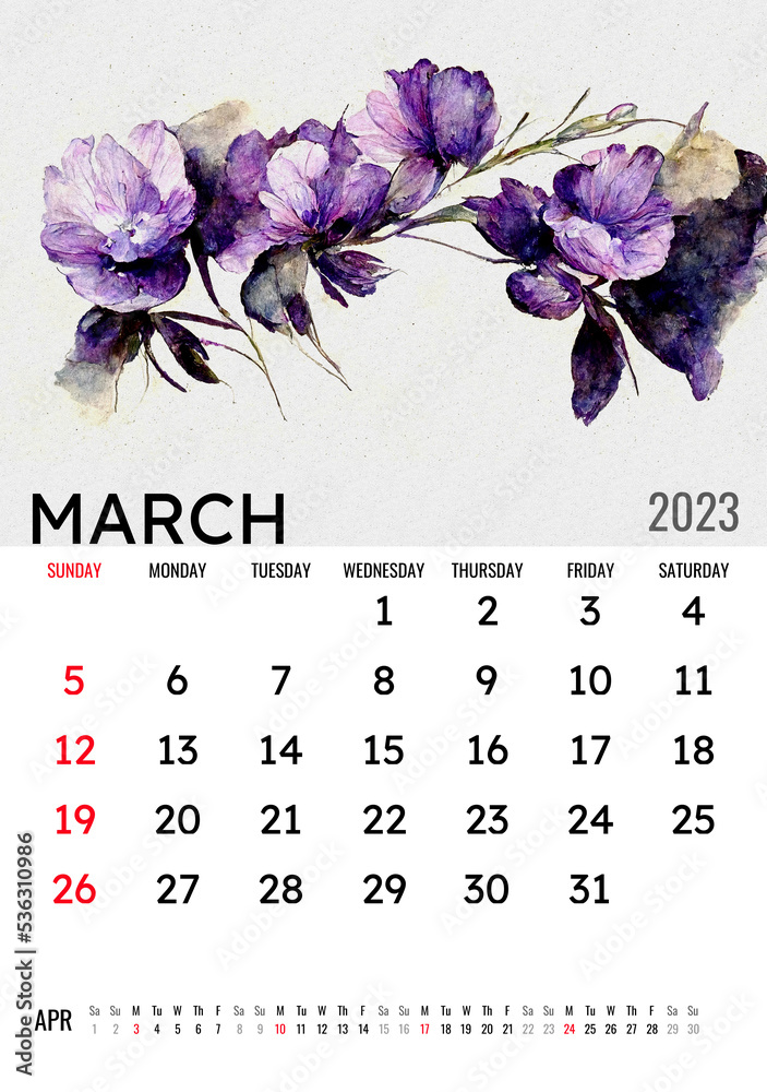 2023 march, monthly calendar, minimalistic design with beautiful ...