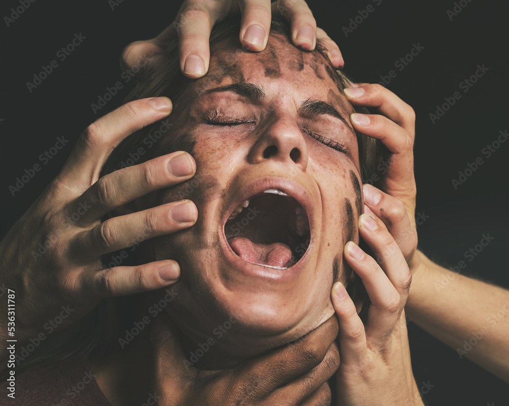 Face, hands and anxiety schizophrenia woman crying, pain and sad ...