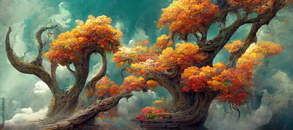 Enchanted magic kingdom forest, majestic ancient old oak trees towering ...