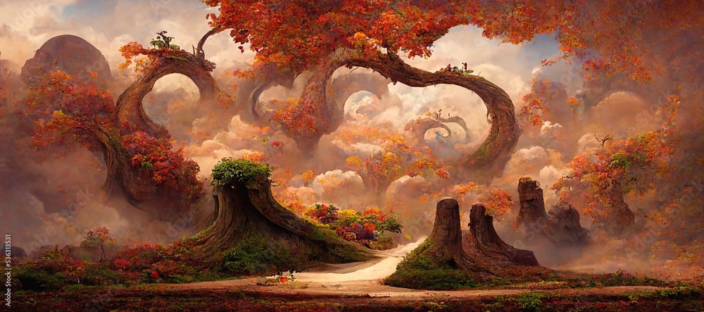 Enchanted magic kingdom forest, majestic ancient old oak trees towering ...