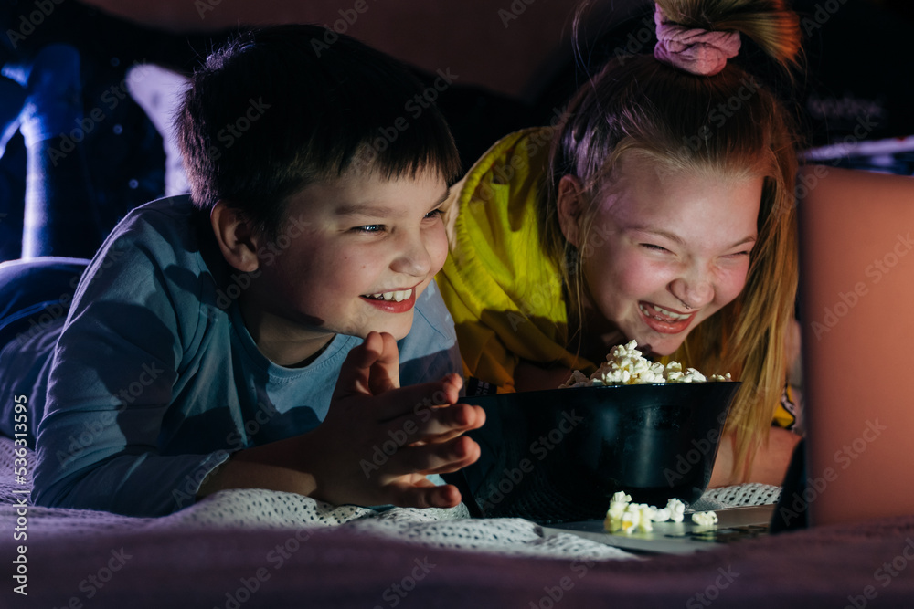 Overjoyed Kids sister brother laughing spend weekend free time together ...