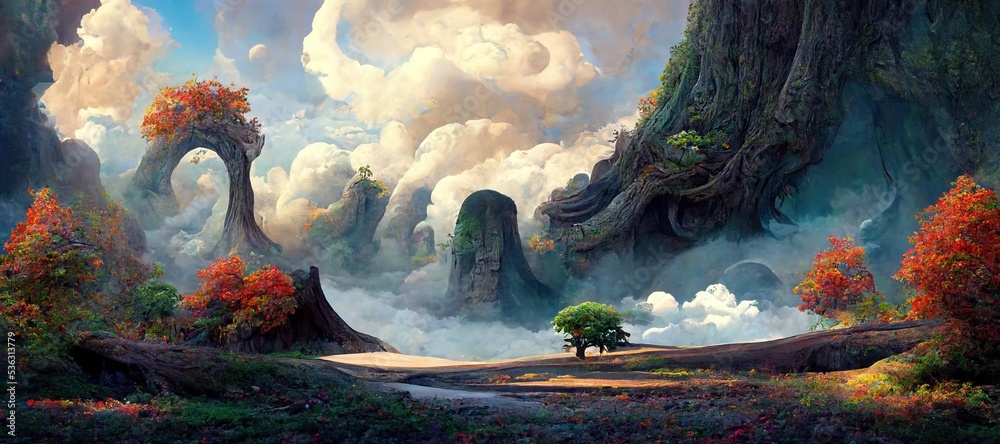 Enchanted magic kingdom forest, majestic ancient old oak trees towering ...