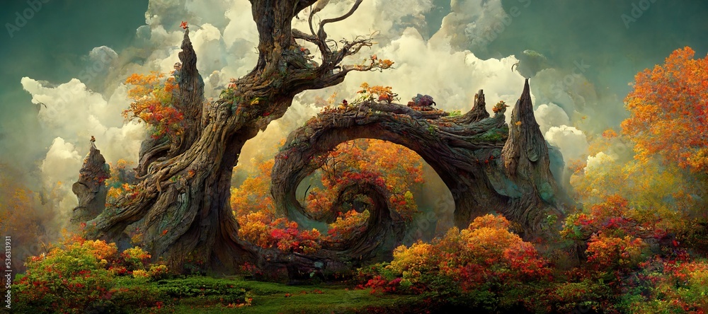 Enchanted magic kingdom forest, majestic ancient old oak tree spiral ...