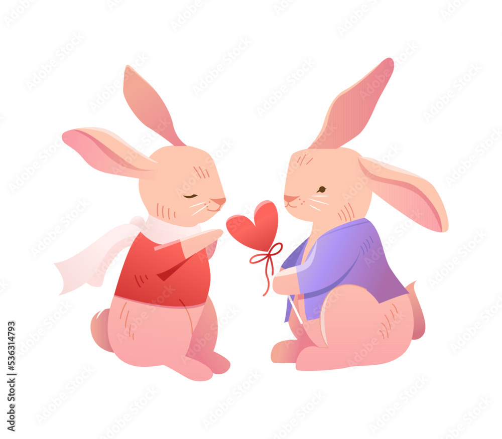 Cute couple of rabbits in love isolated. Bunny gives a heart candy ...