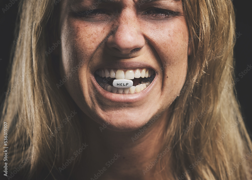 Pills, sad and addiction woman with drug, mental health and overdose ...