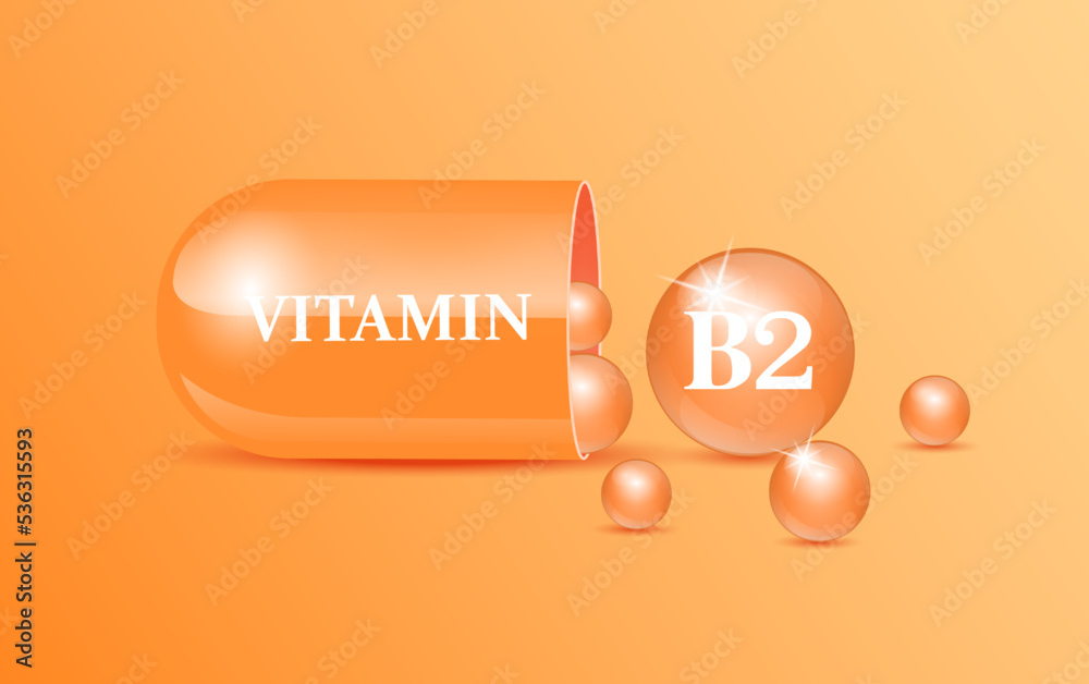 Capsule vitamin B2 structure orange and white with circular bubbles ...