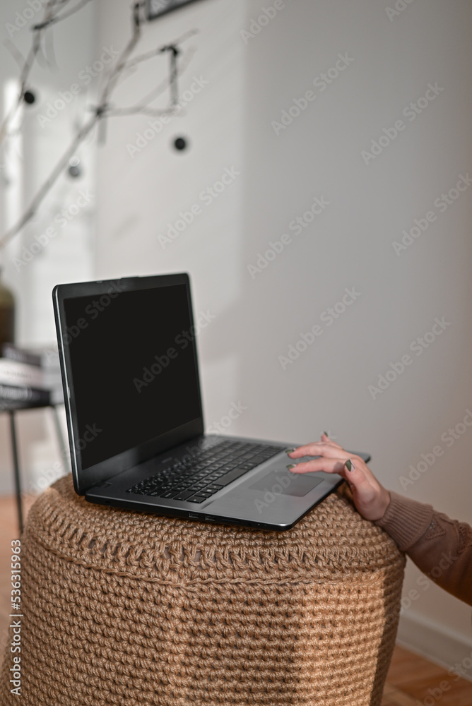 Laptop screen mockup digital device. Perspective view on modern laptop ...