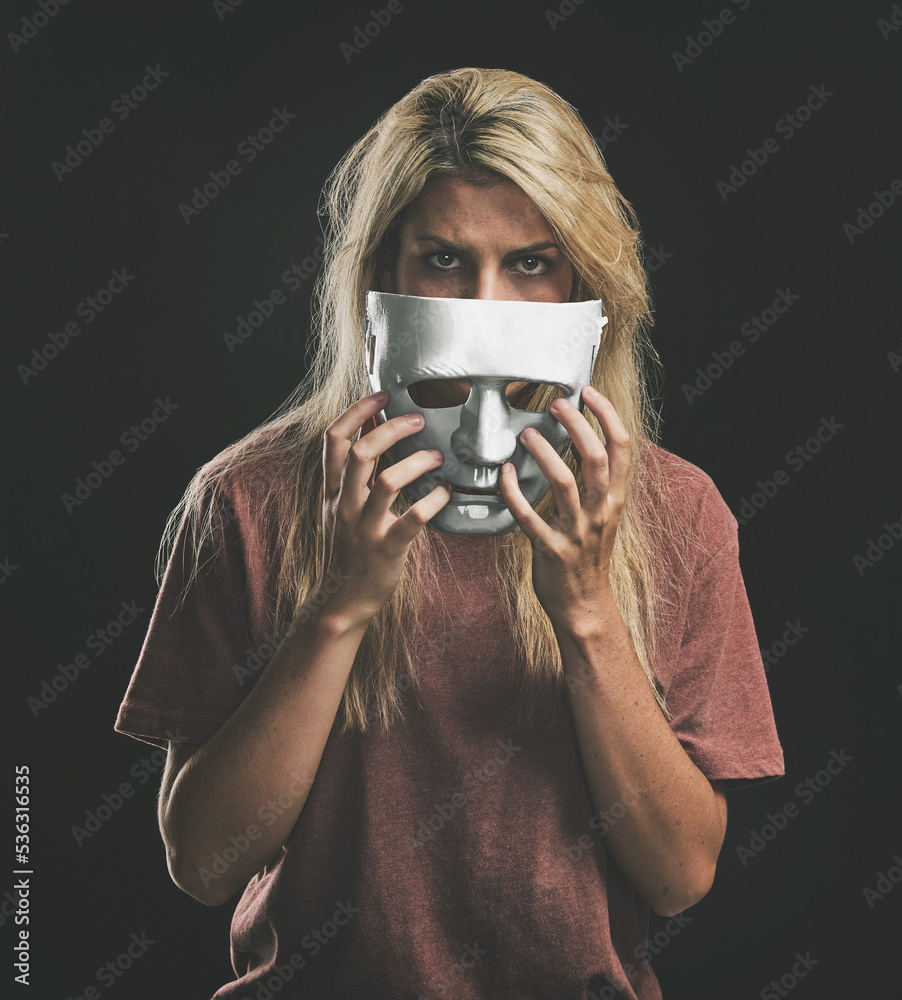 Sad portrait and woman with bipolar mask to hide depression struggle ...