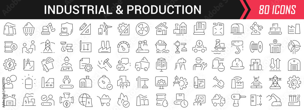 Industrial and production linear icons in black. Big UI icons ...