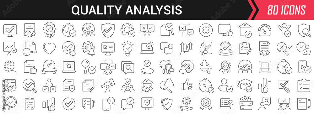 Quality analysis linear icons in black. Big UI icons collection in a ...