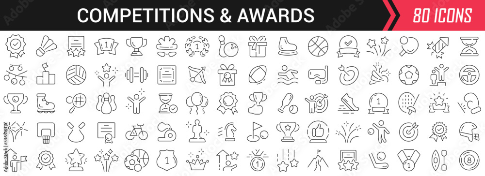 Competition and award linear icons in black. Big UI icons collection in ...
