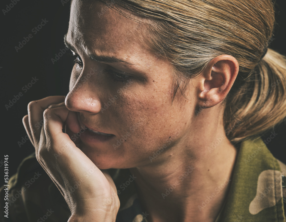 Military, stress and anxiety with woman soldier suffering with ptsd ...