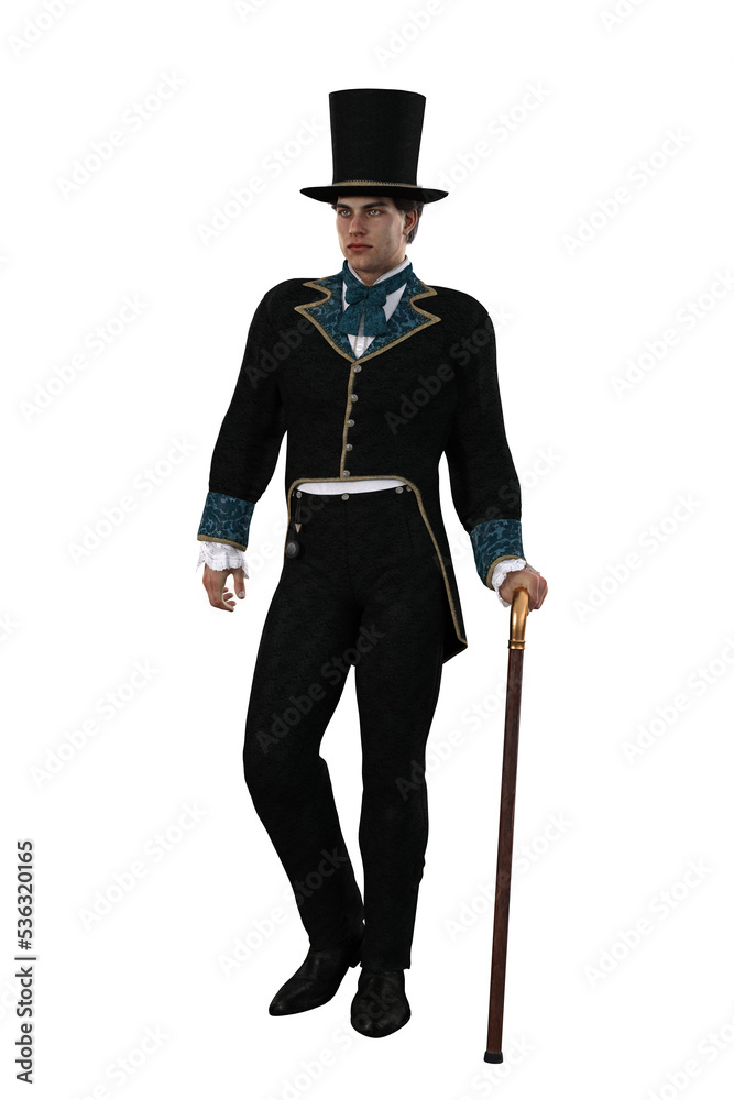 Handsome caucasian man standing in regency style costume with top hat ...
