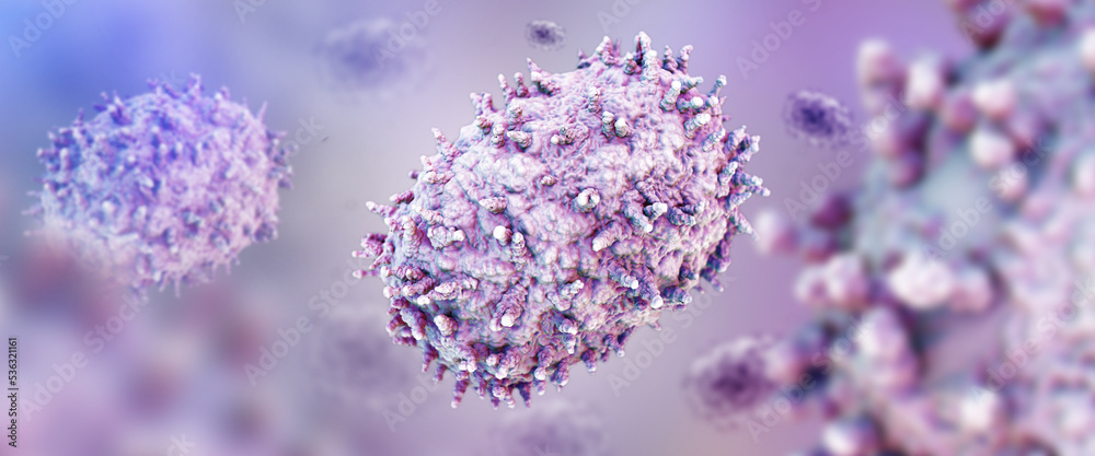 Detailed illustration of a monkeypox virus, few cells under a ...