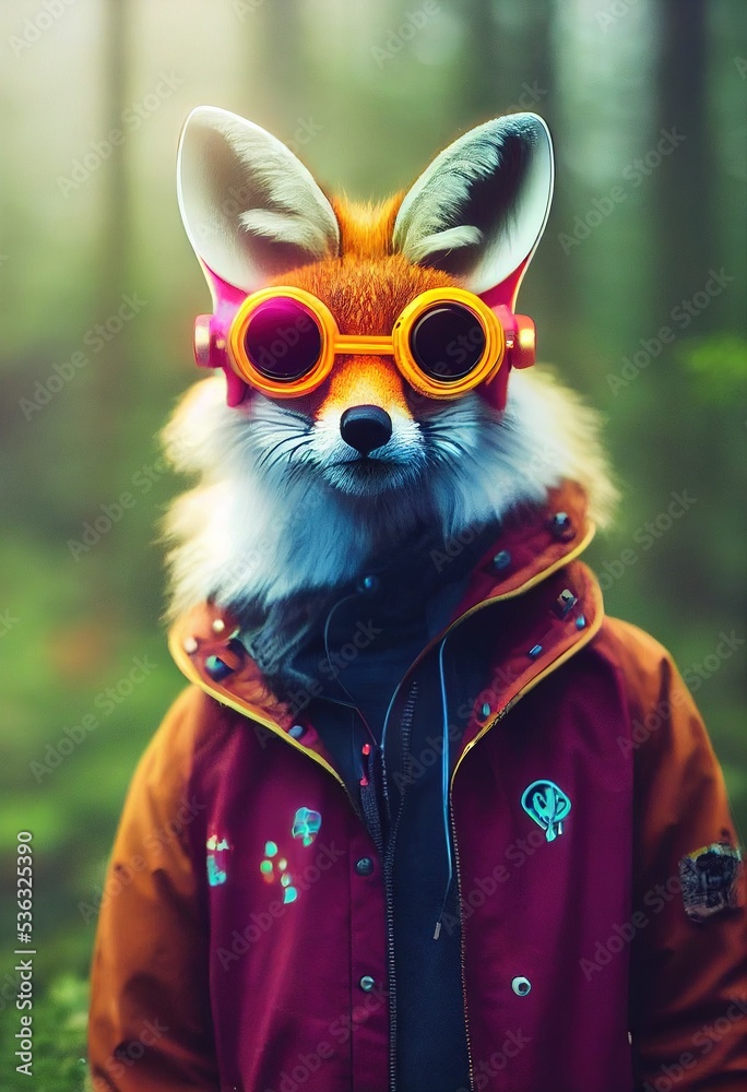 Portrait of a fox wearing a cyberpunk headset, neon virtual glasses ...