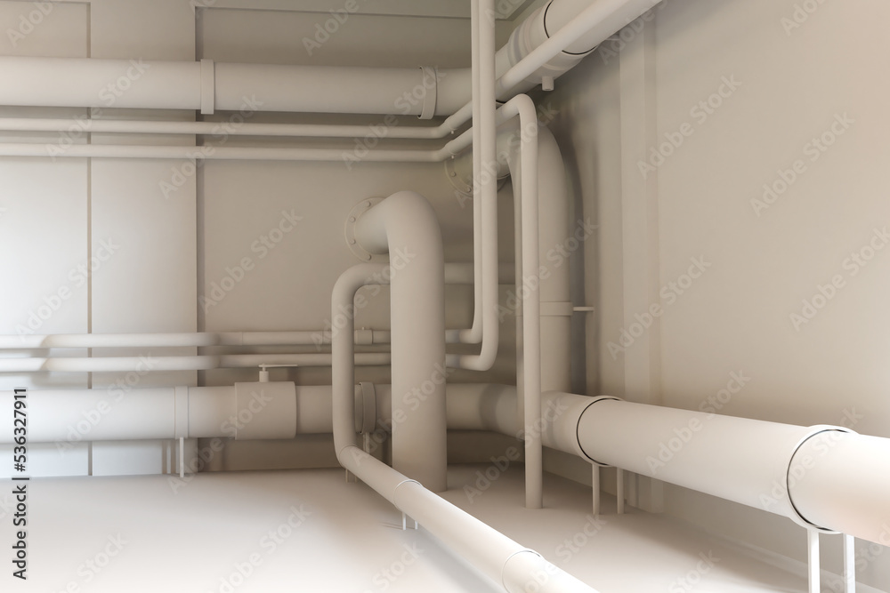 Basement background. White pipeline in basement. Basement room with ...